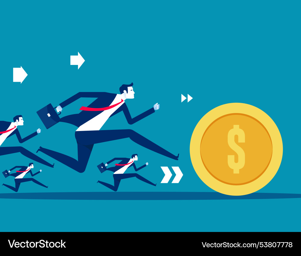 Business team runs behind a rolling coin Vector Image