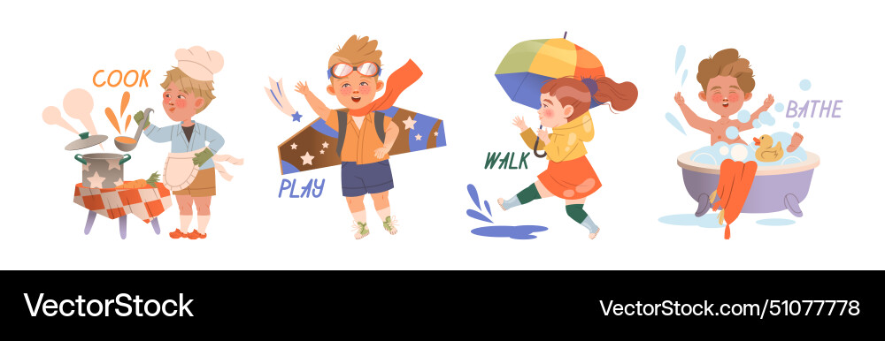 Kid character demonstrate action verb and word Vector Image