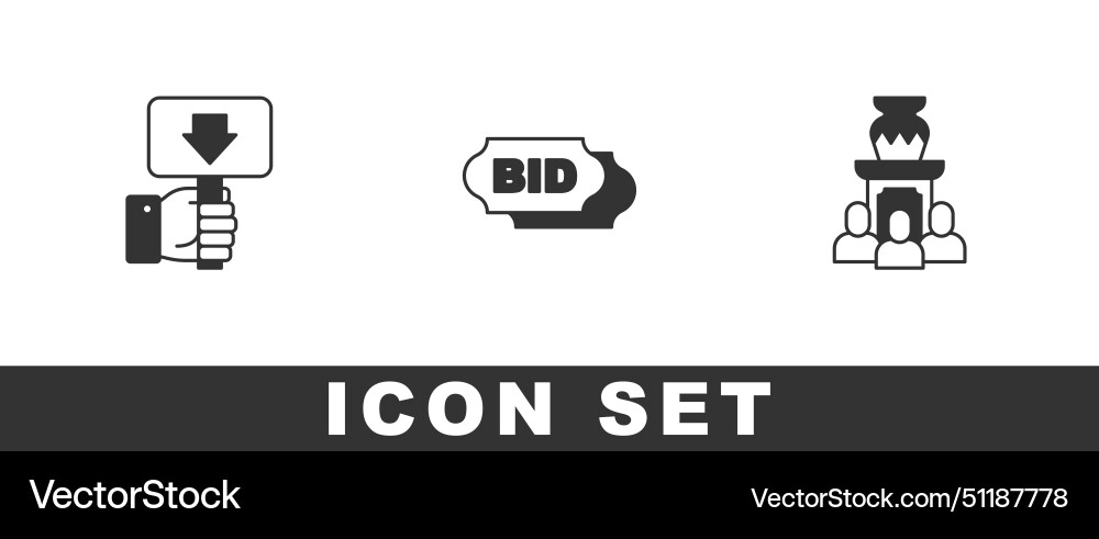 Set hand holding auction paddle bid Royalty Free Vector