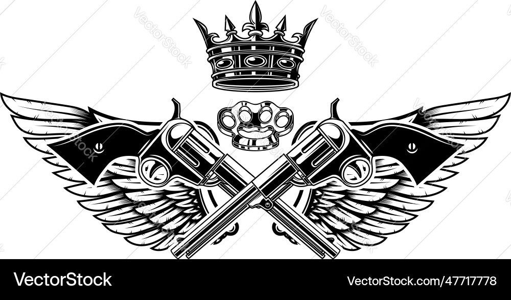 Two guns and wings with king crown design element Vector Image
