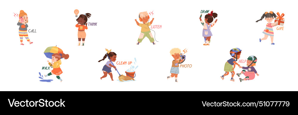 Kid character demonstrate action verb and word Vector Image