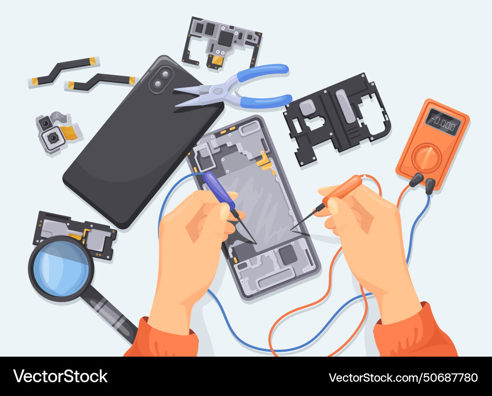 Hands repairing phone smartphone maintenance Vector Image