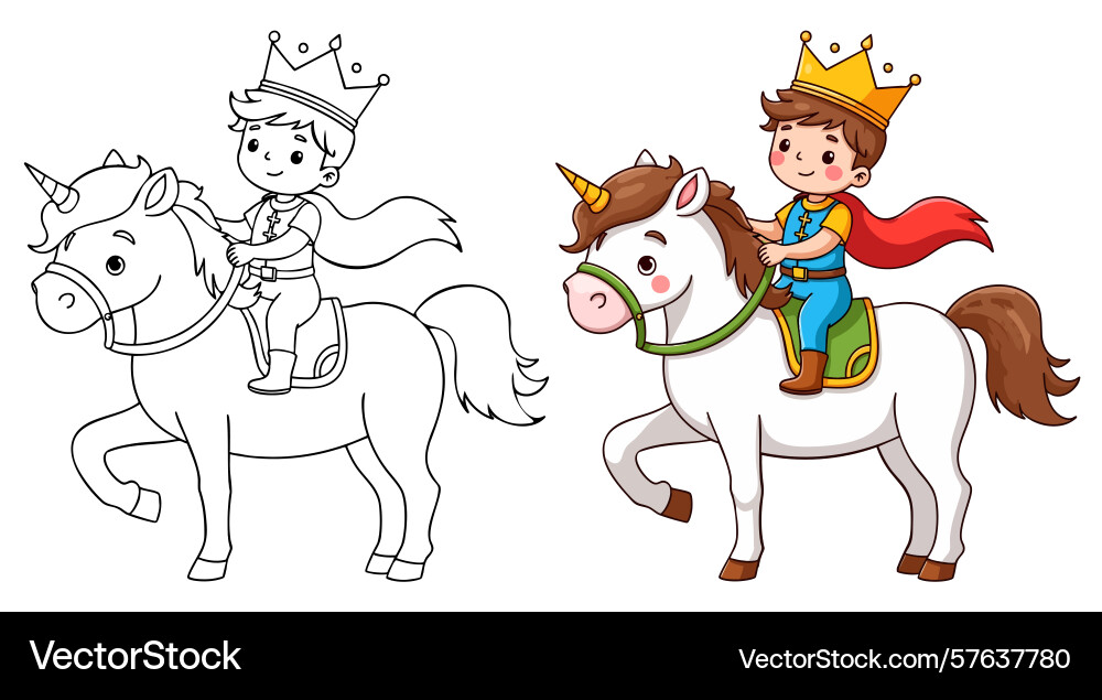 Prince riding unicorn coloring page Royalty Free Vector