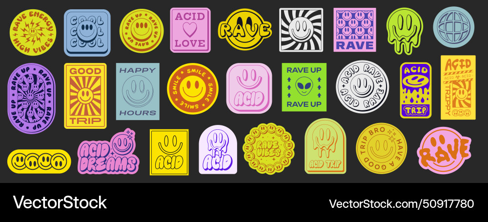 Set of acid sticker patterns design rave Vector Image