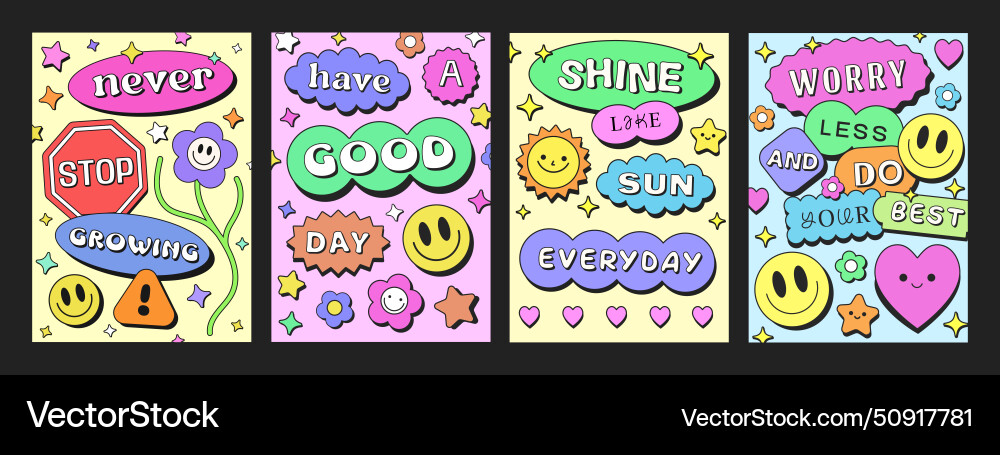 Cool groovy smile pop art posters collection set Vector Image