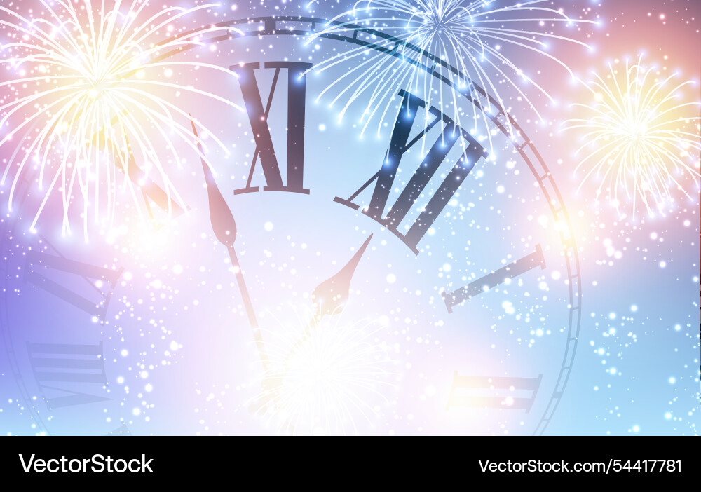 New year countdown clock with fireworks Royalty Free Vector
