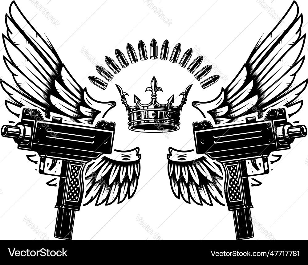 Two guns and wings with king crown design element Vector Image