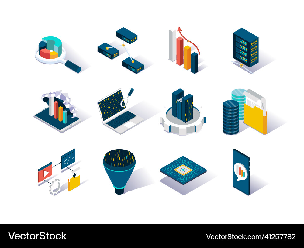 Big data isometric icons set collection Royalty Free Vector
