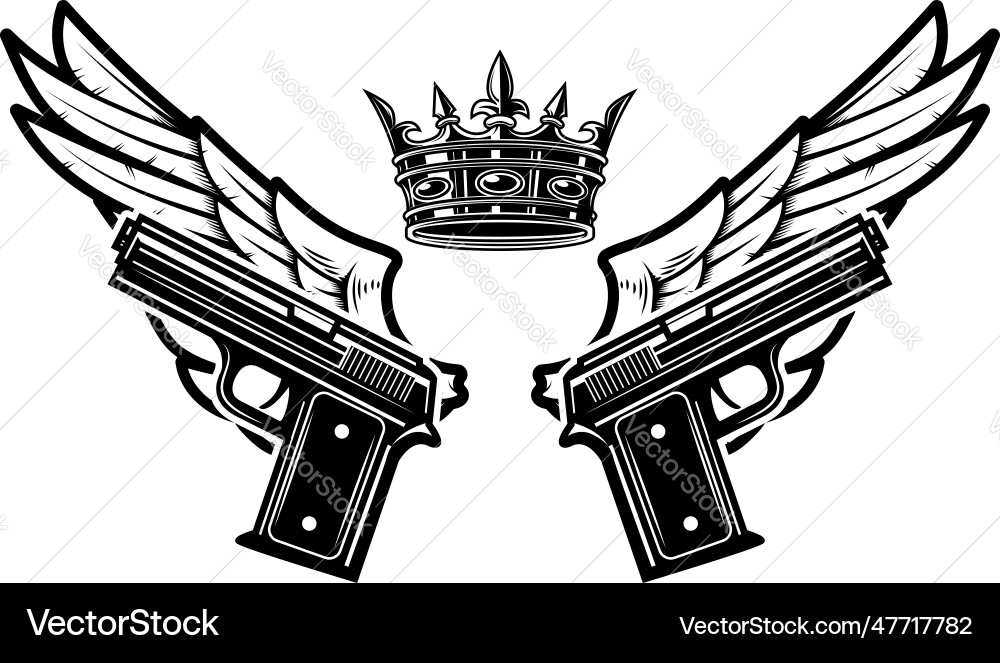 Two guns and wings with king crown design element Vector Image