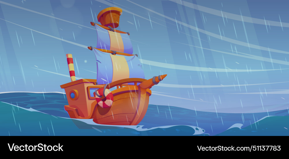 Boat in stormy sea with rain ship on ocean wave Vector Image