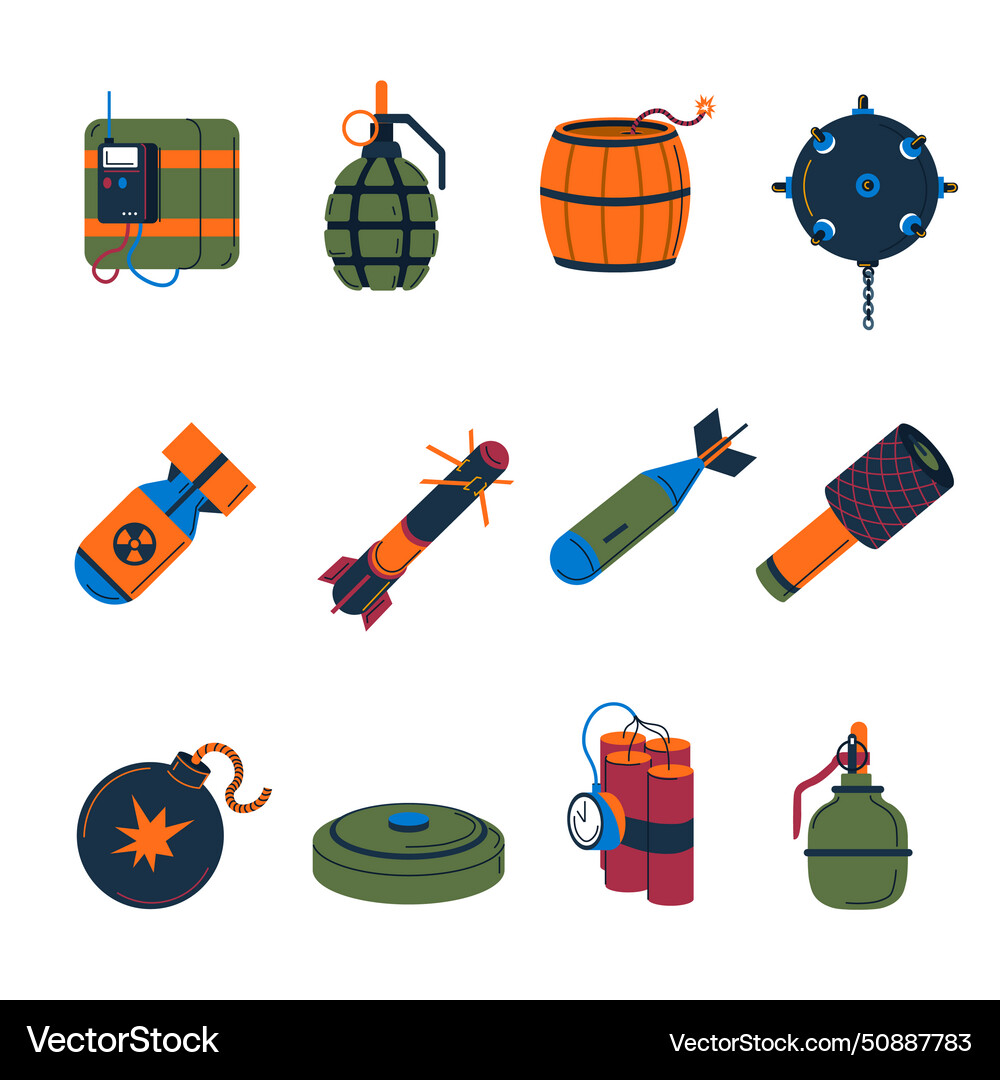 Bomb types missiles and rockets icons Royalty Free Vector
