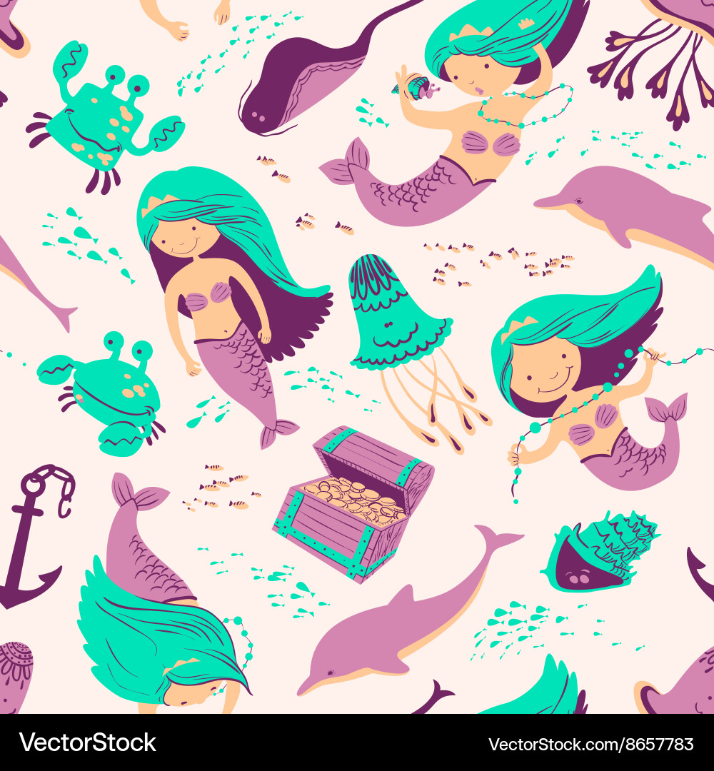 Marine seamless background with mermaid Royalty Free Vector
