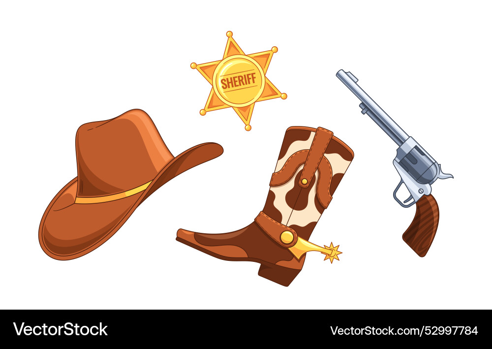 Wild west items featuring a cowboy hat boot gun Vector Image