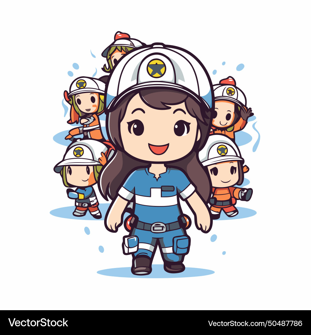 Cute firefighter with a group of firemen Vector Image
