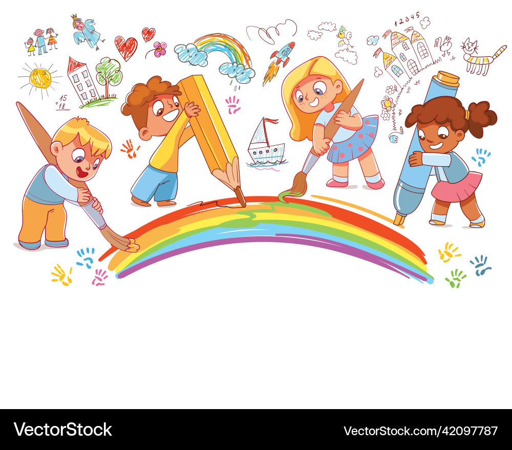 Children draw together using art supplies Vector Image