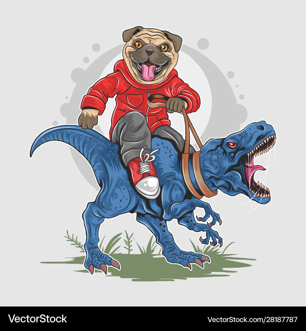 Cute Pug Riding T-Rex Dinosaur Royalty Free Vector Image
