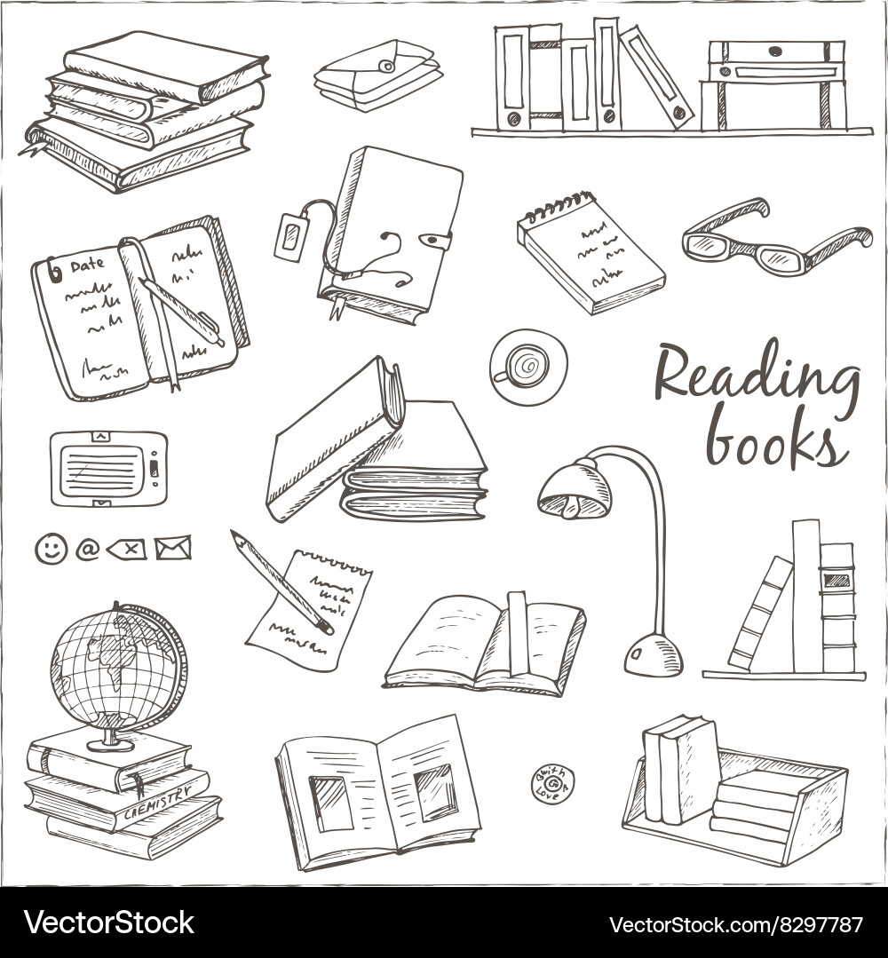 Hand drawn doodle books reading set Royalty Free Vector