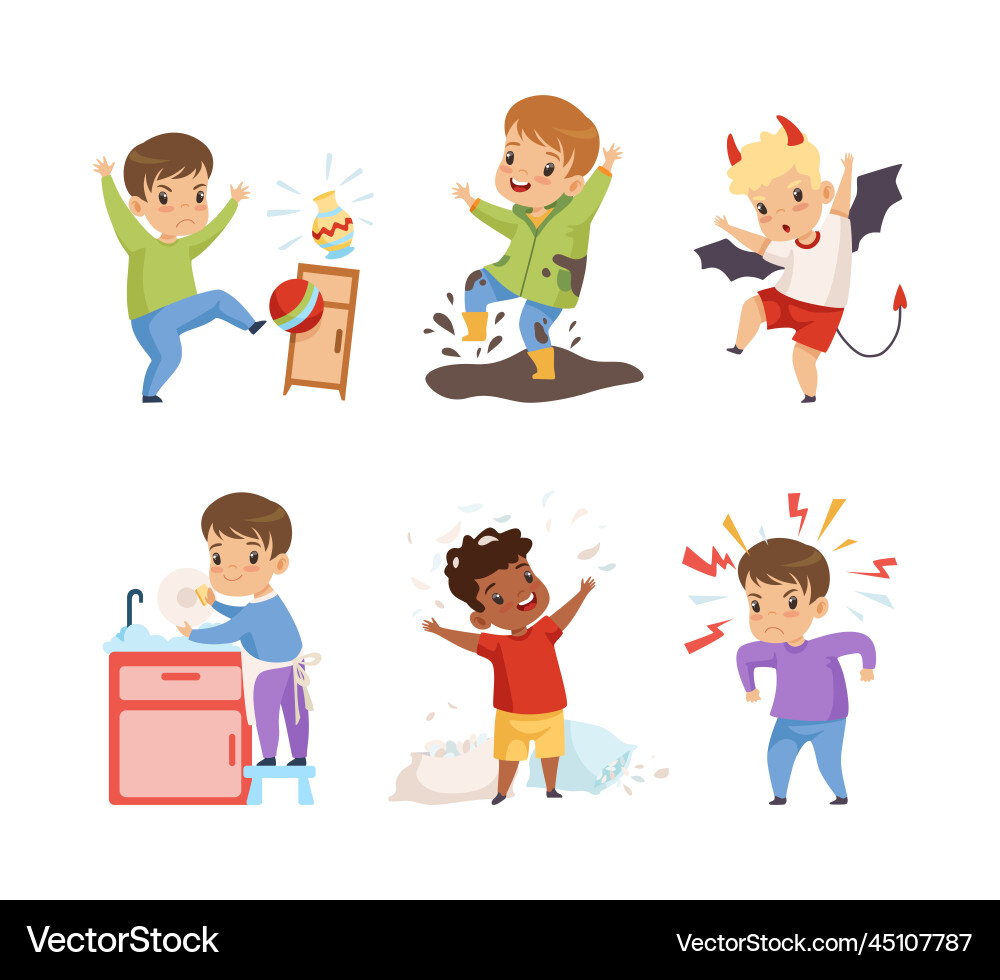 Naughty and obedient little boy doing mischief Vector Image