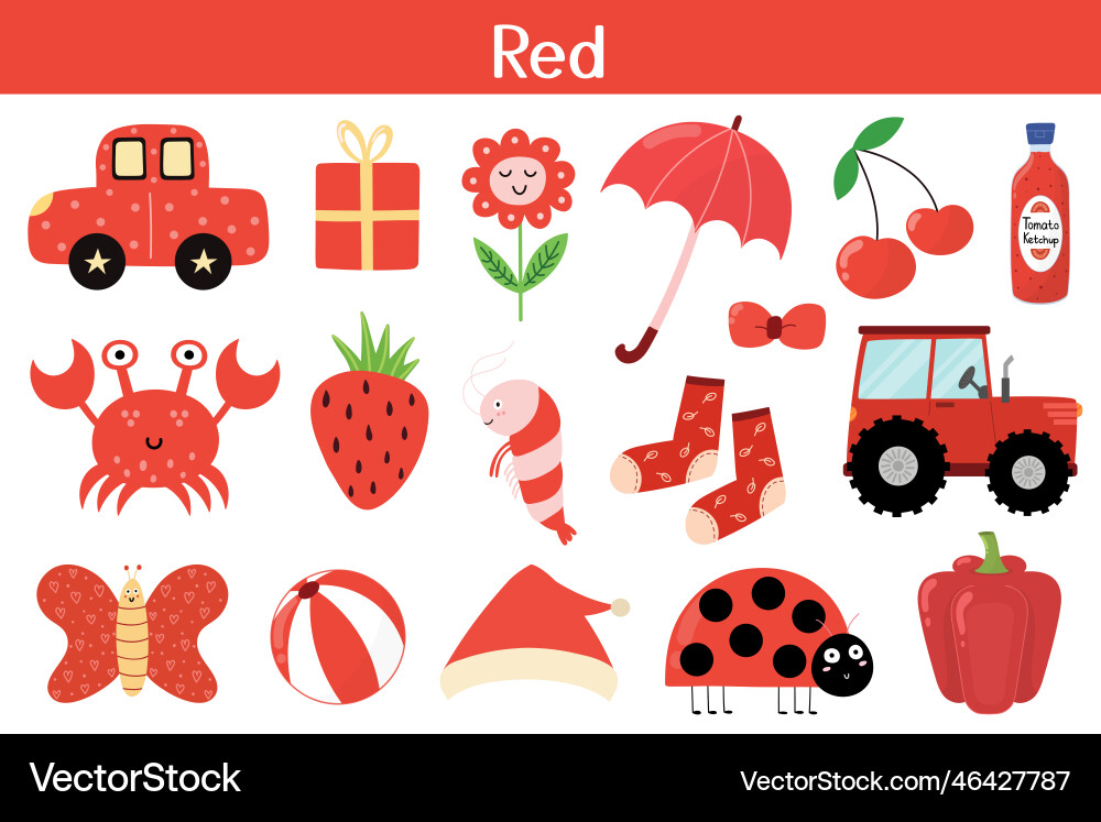 Red color objects set learning colors for kids Vector Image Red color objects set learning colors for kids Vector Image