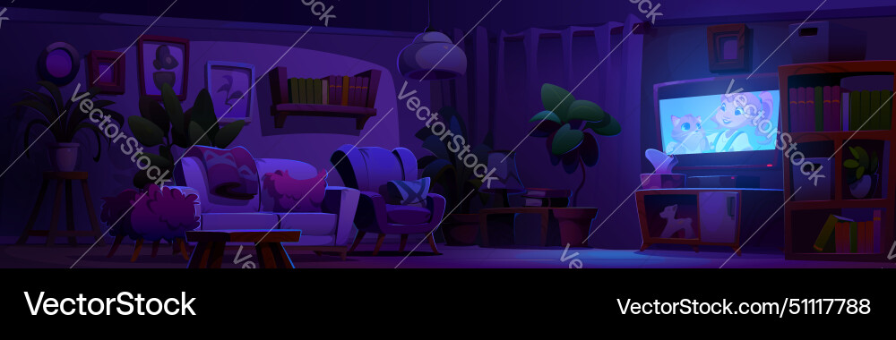 Night home interior design with tv screen and sofa