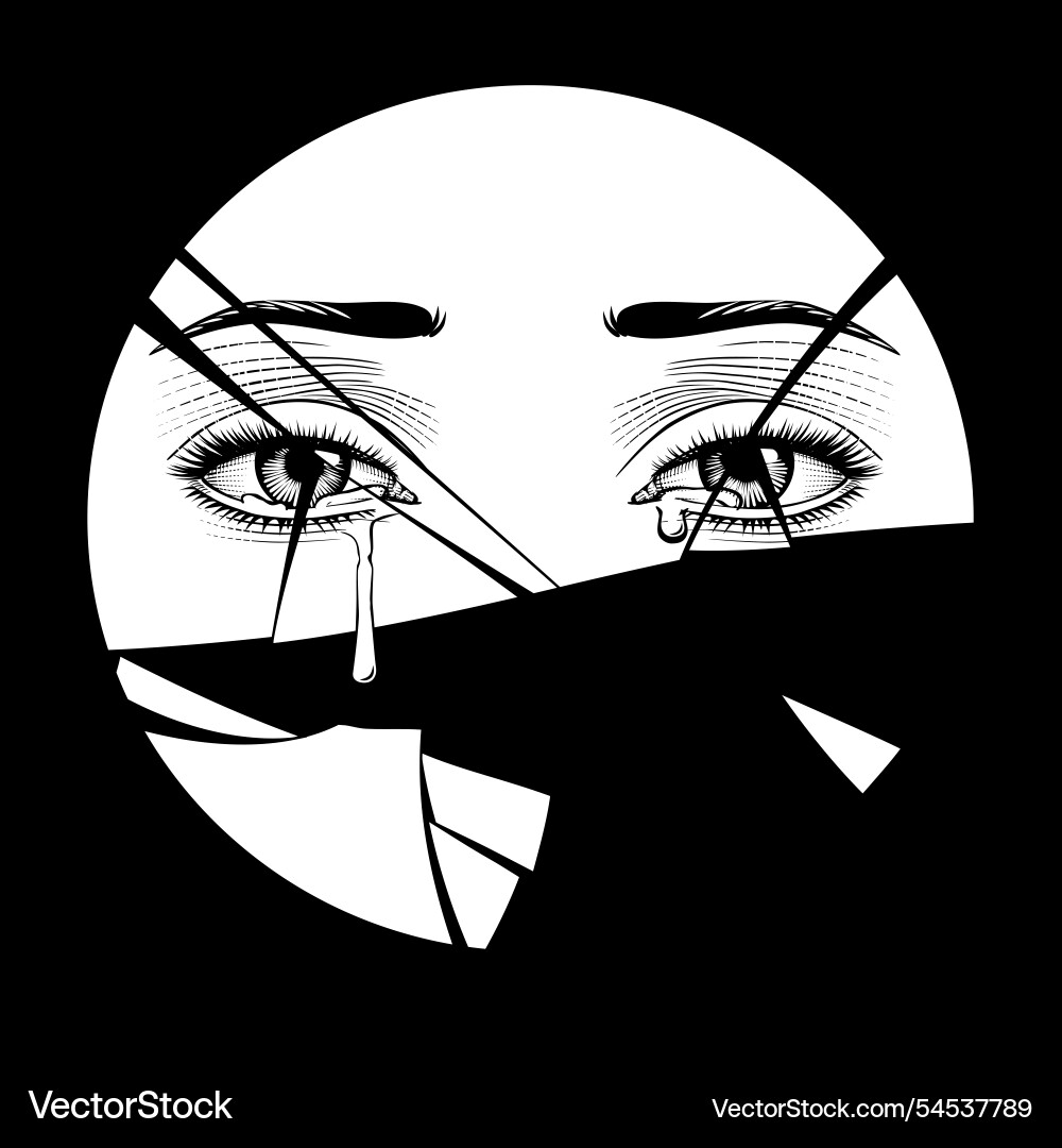 Broken round mirror with crying eyes Royalty Free Vector