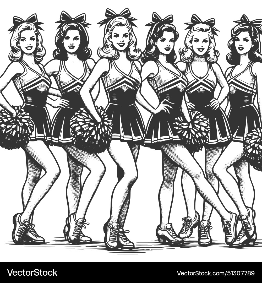 Cheerleaders in uniform lineup sketch Royalty Free Vector
