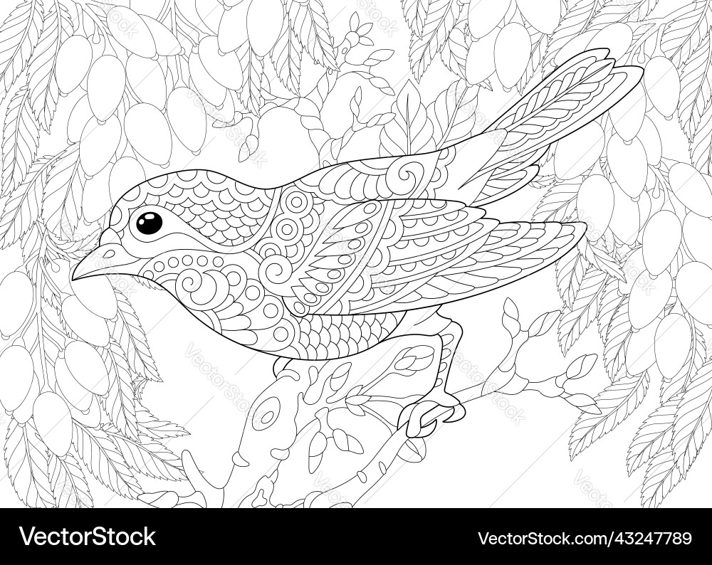 Coloring page with bird in the garden Royalty Free Vector