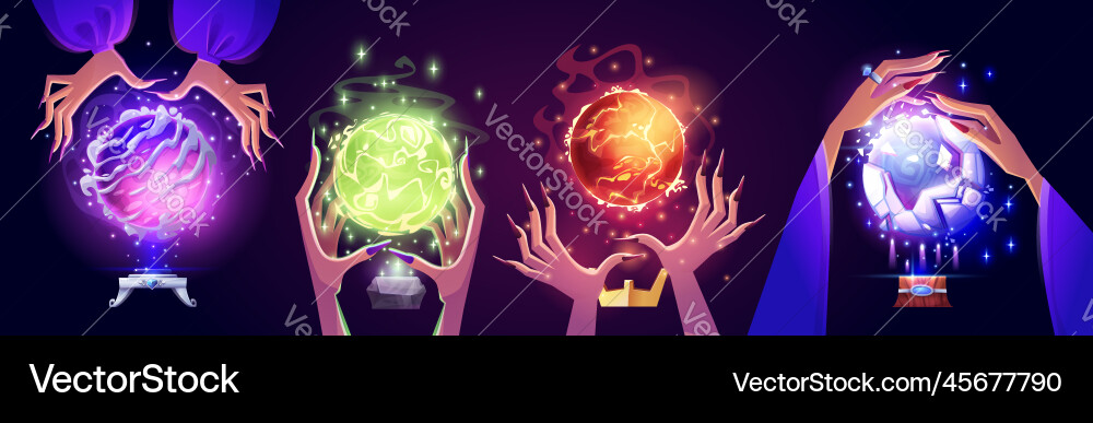 Cartoon set of witch hands with magic ball Vector Image
