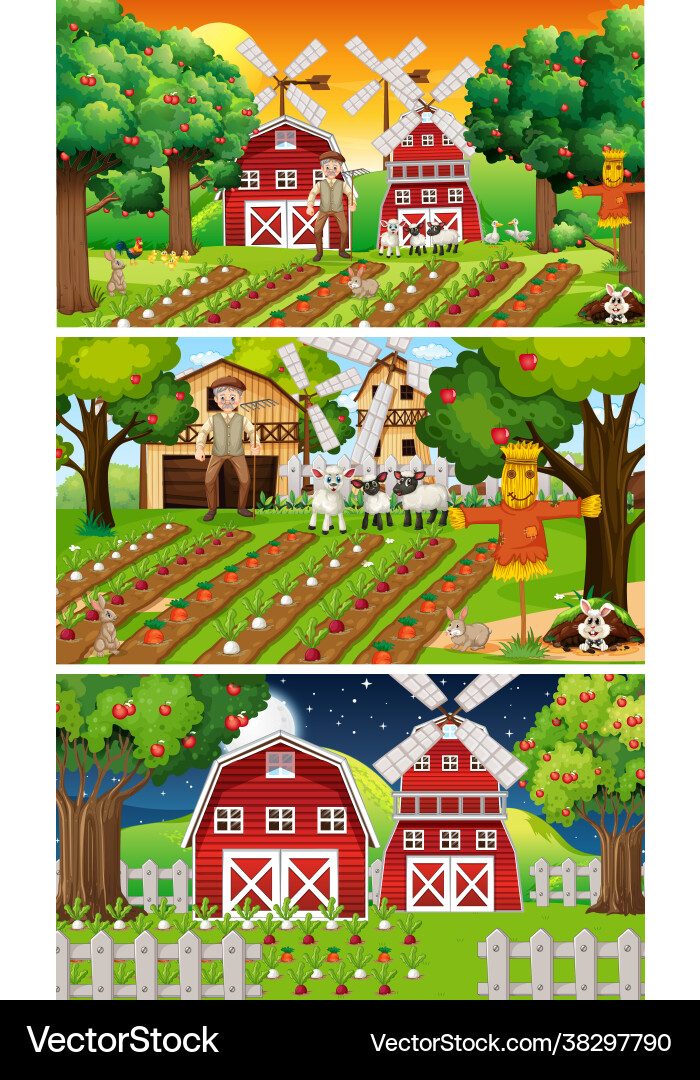 Different farm scenes with old farmer and animal Vector Image