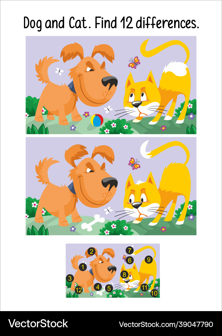 Dog and cat find 12 differences game Royalty Free Vector