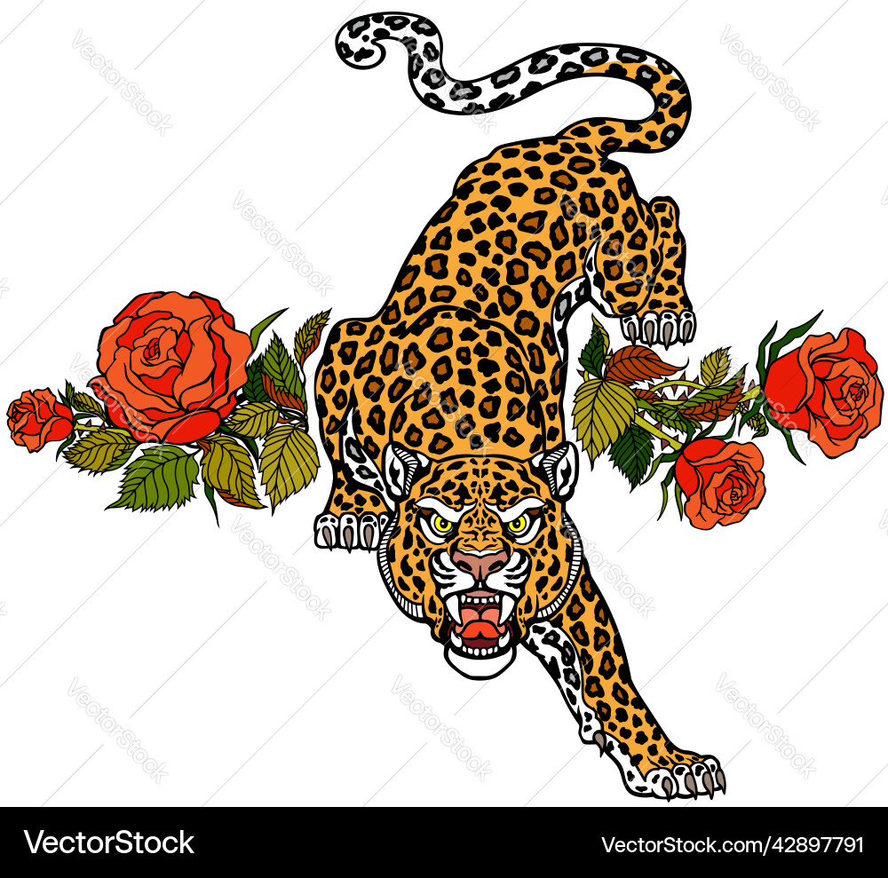 Leopard climbing down and blooming roses tattoo Vector Image