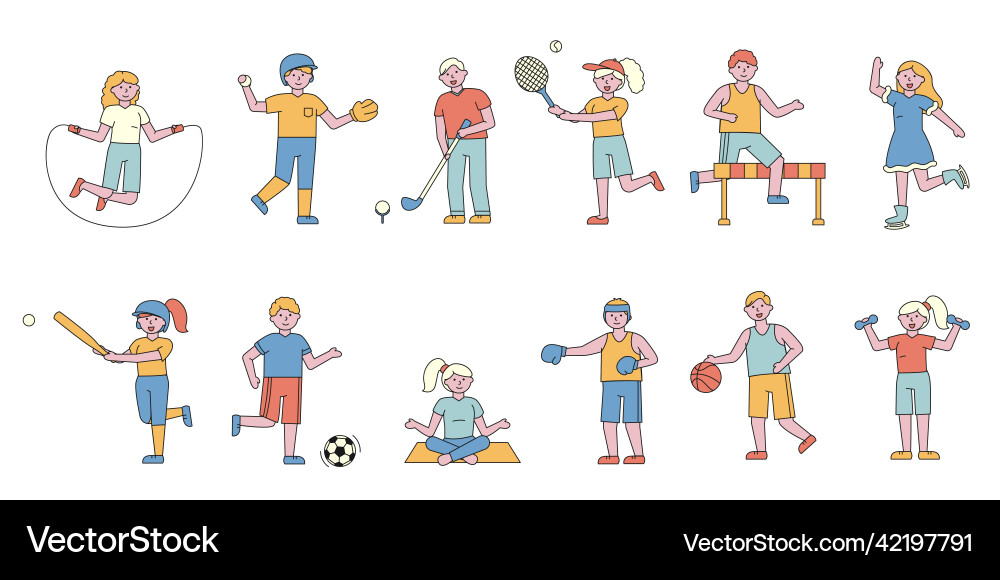 Sportsmen flat line people character Royalty Free Vector
