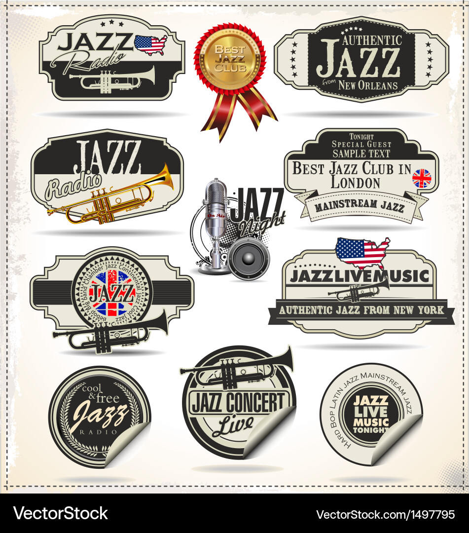 Jazz Music Stamps and Labels Set Royalty Free Vector Image