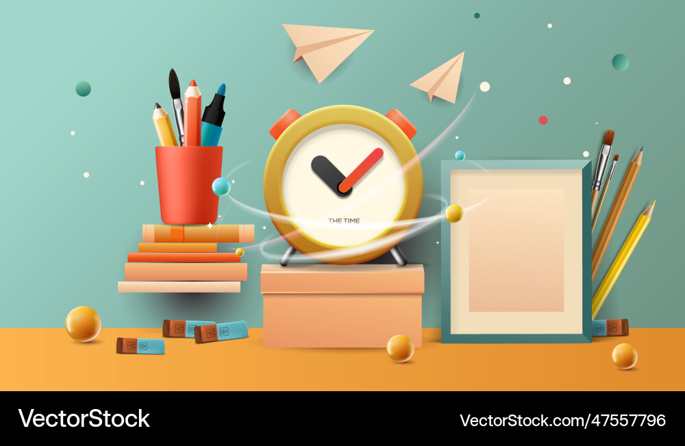 Creative school workspace with alarm clock books Vector Image