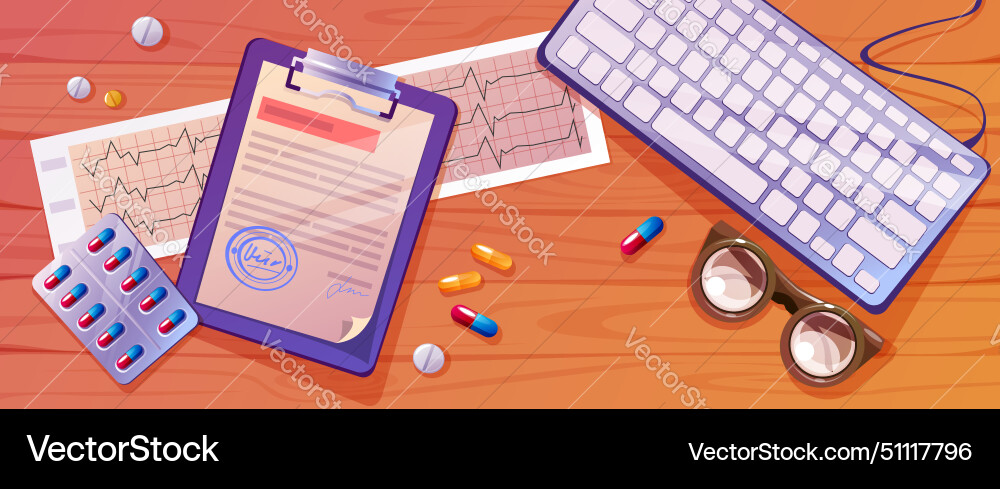 Doctor desk top view with computer keyboard Vector Image