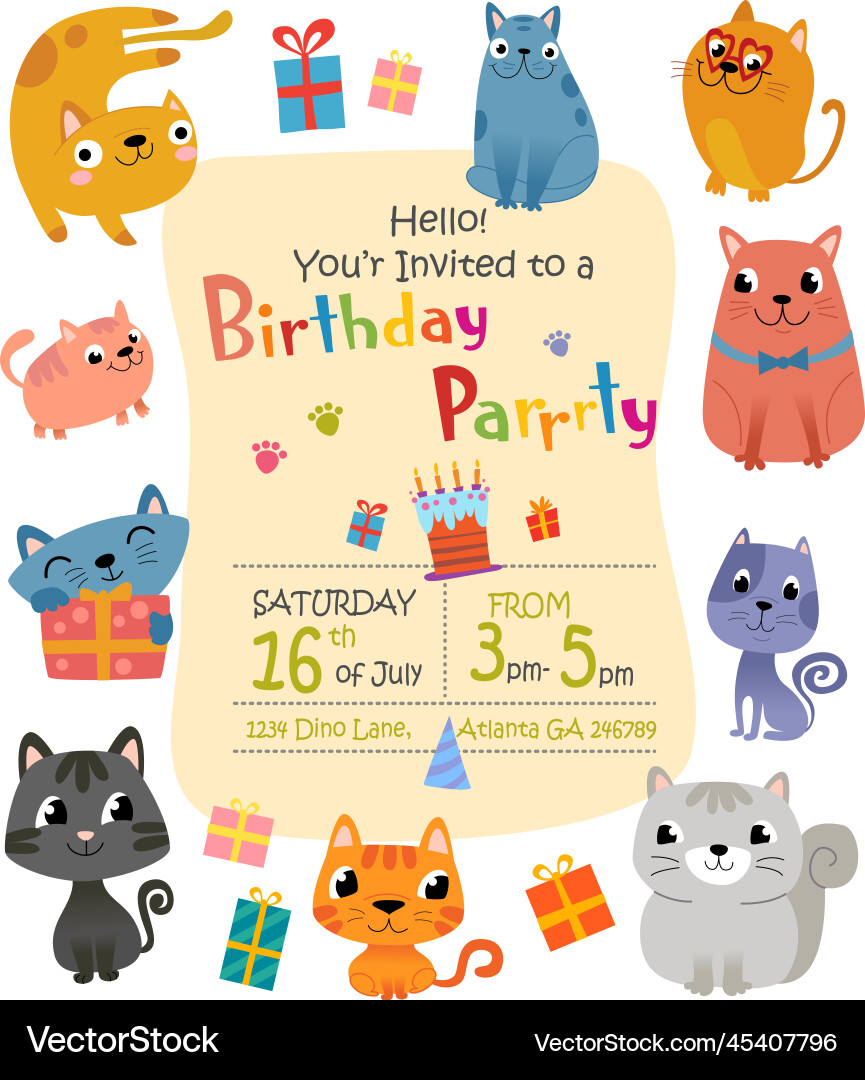 Funny cartoon cats for birthday invitation Vector Image