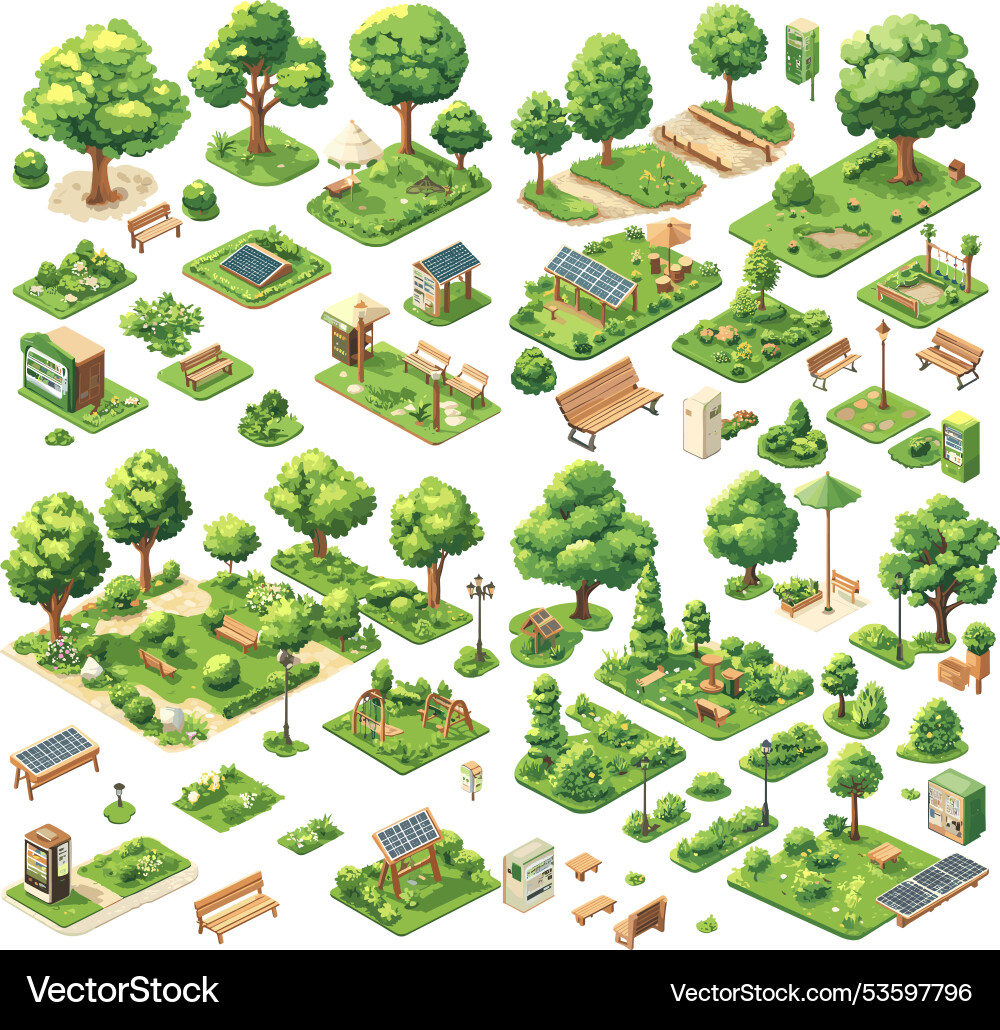 Isometric park elements green trees bushes flower Vector Image