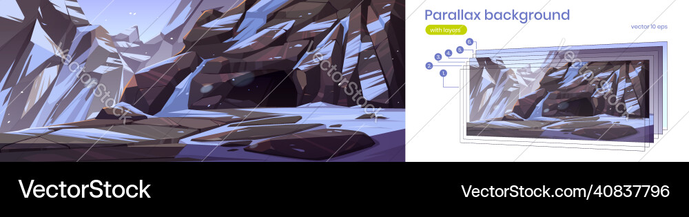 Parallax background with mountains cave and snow Vector Image