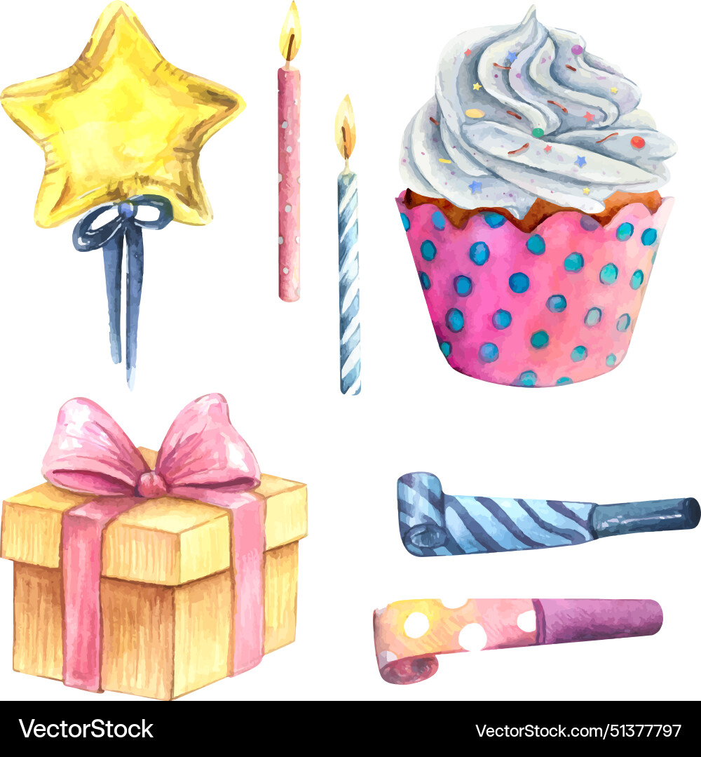 Birthday set cupcake watercolor drawing present Vector Image