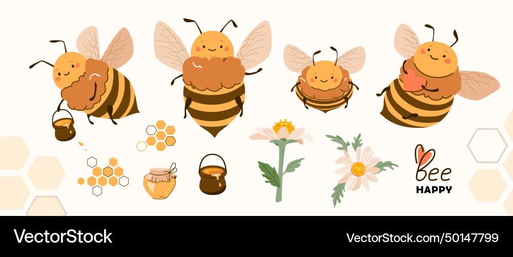 Bee honey set cute cartoon Royalty Free Vector Image