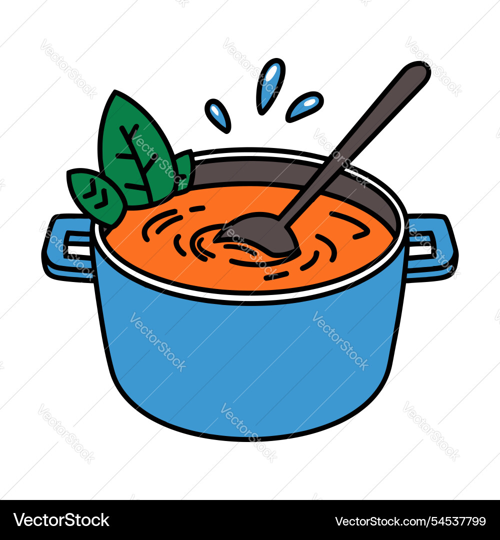 Cartoon soup pot with spoon and leaves Royalty Free Vector