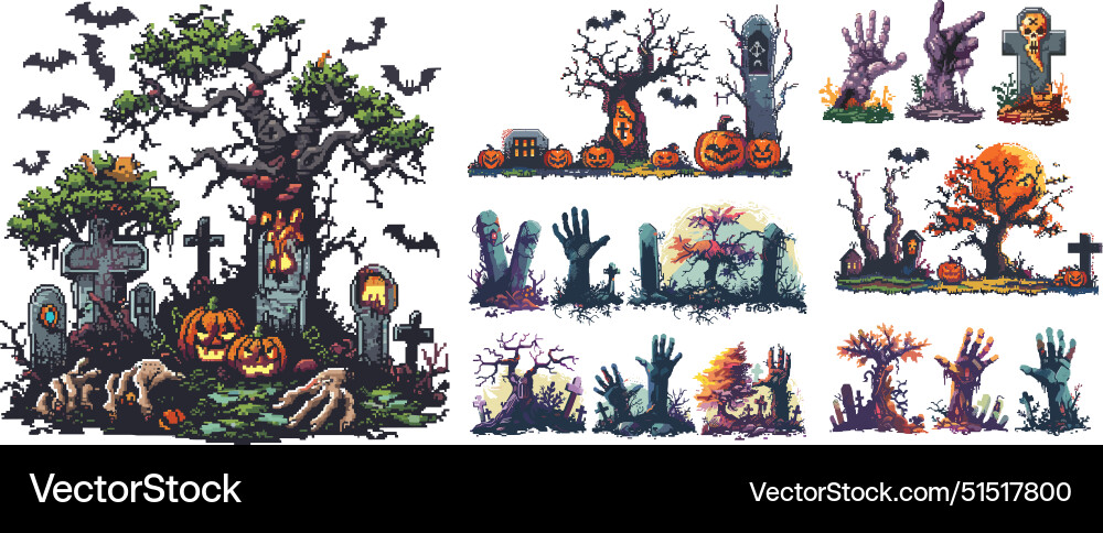 Grave hand rising pixel art set tombstones Vector Image