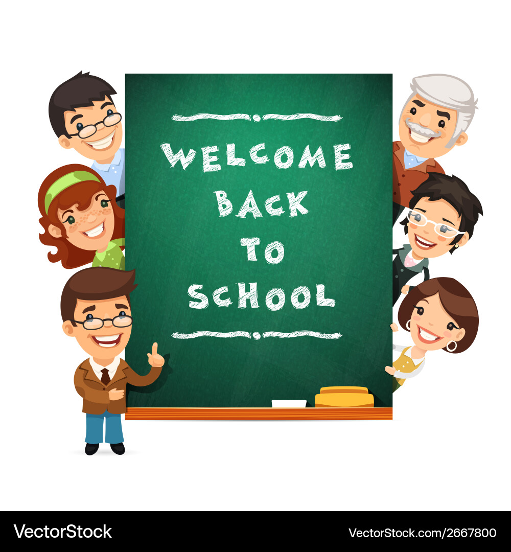 Teacher points to the blackboard with welcome back