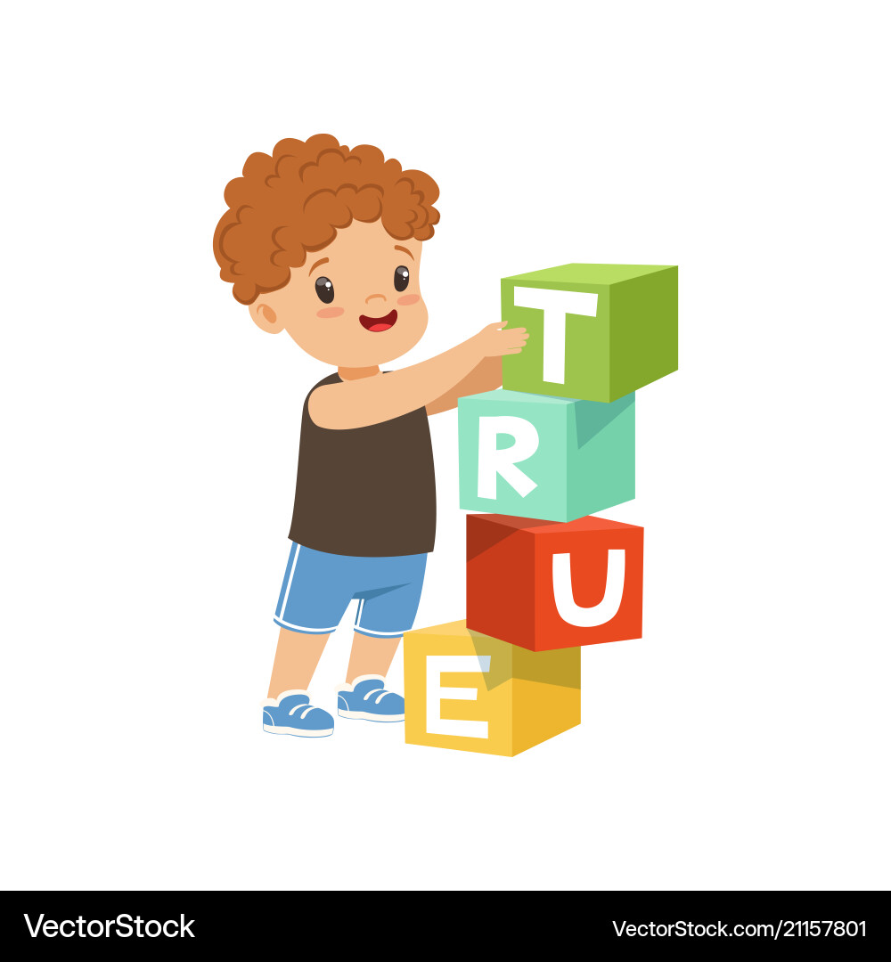 Cute boy stacking up cube tower forming a true Vector Image