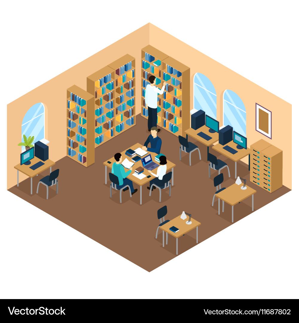 Education library isometric student composition Vector Image