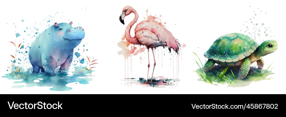 Safari Animals: Hippo, Flamingo, Turtle Royalty Free Vector