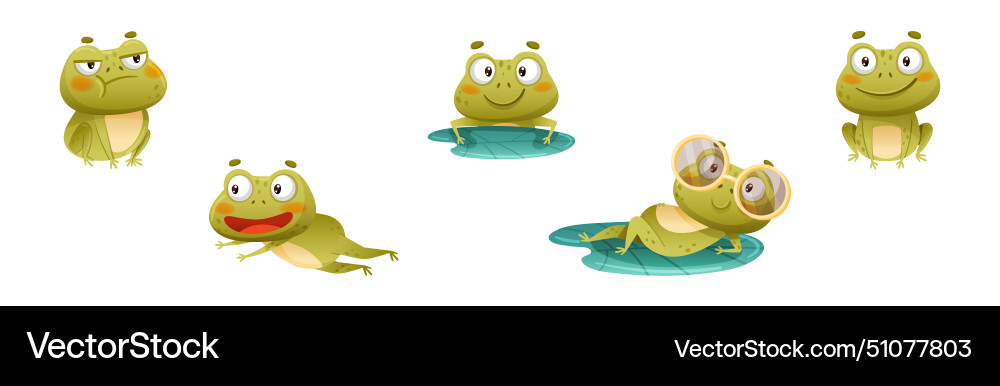 Funny green frog character engaged in different Vector Image
