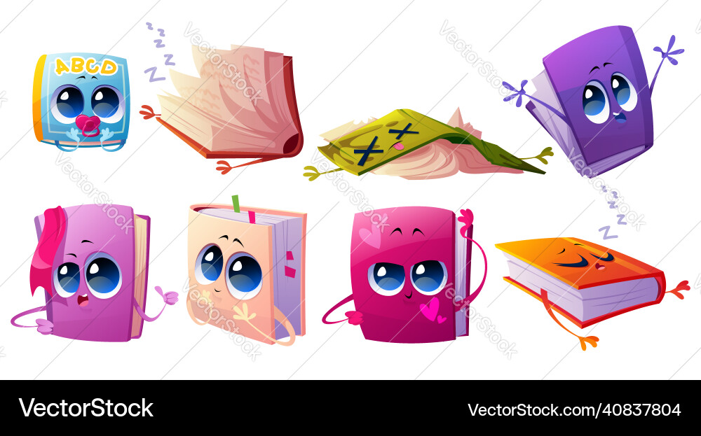 Cute books characters with bookmarks and faces Vector Image