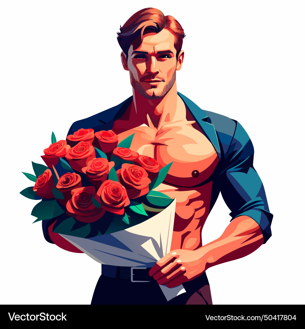 Muscular Man with Roses Royalty Free Vector Image