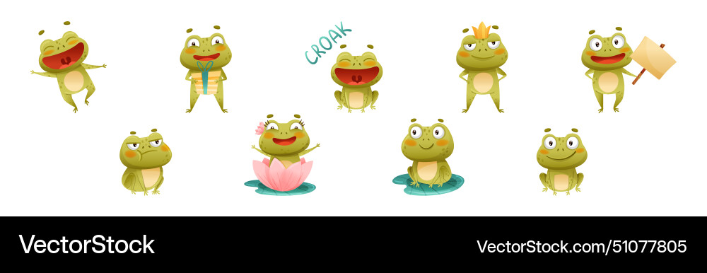 Funny green frog character engaged in different Vector Image